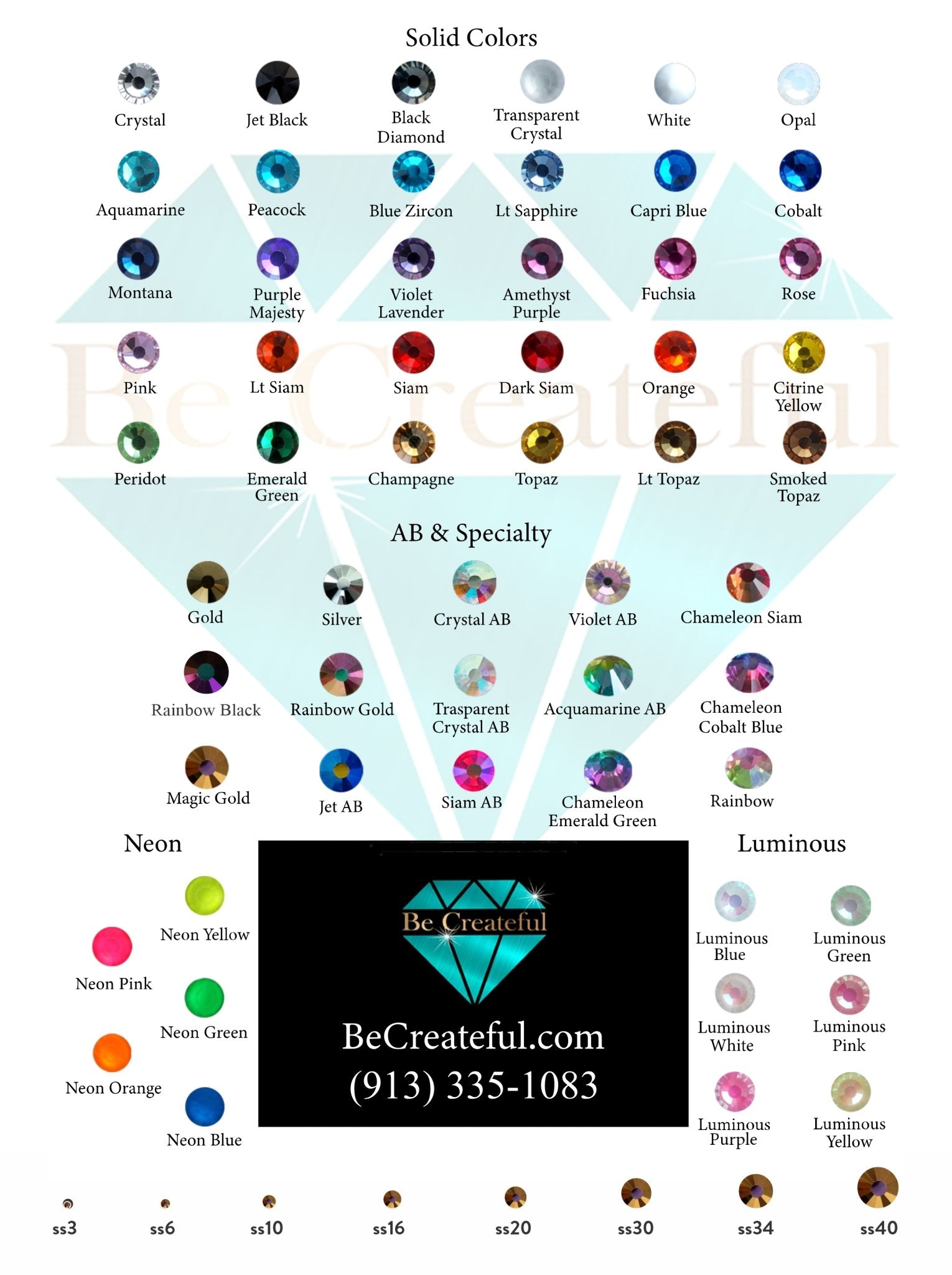 Be Createful Printable Rhinestone Color and Sizing Chart