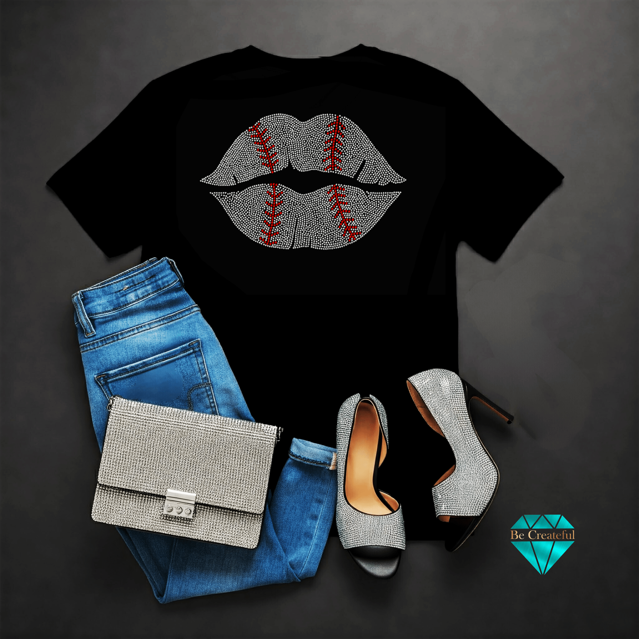 Baseball Softball Stitch Lip Rhinestone Transfer - Hotfix Rhinestone ...